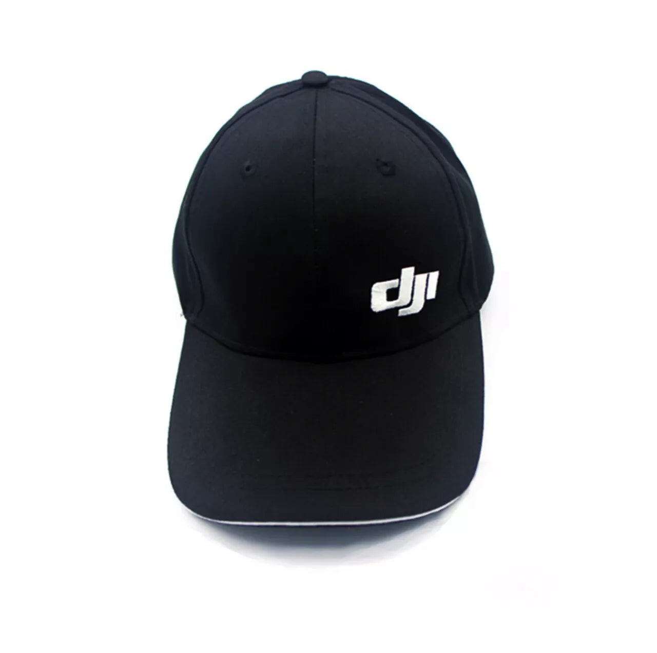 Black DJI Cotton Baseball Cap with White Embroidered Logo, Adjustable